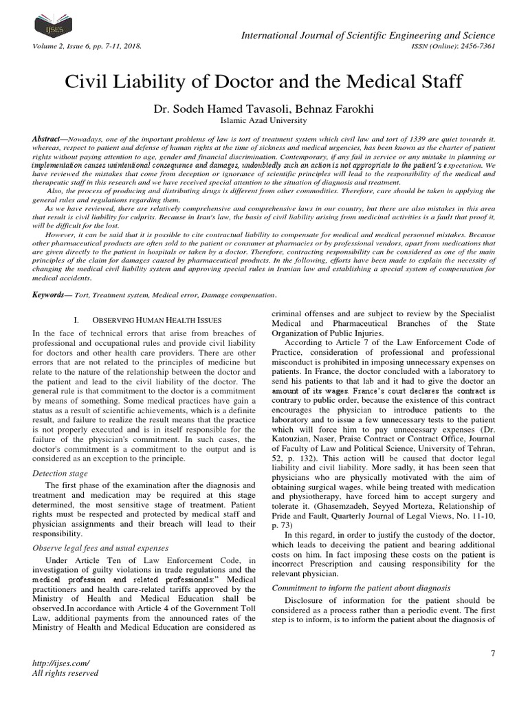 Civil Liability of Doctor and The Medical Staff: Dr. Sodeh Hamed ...