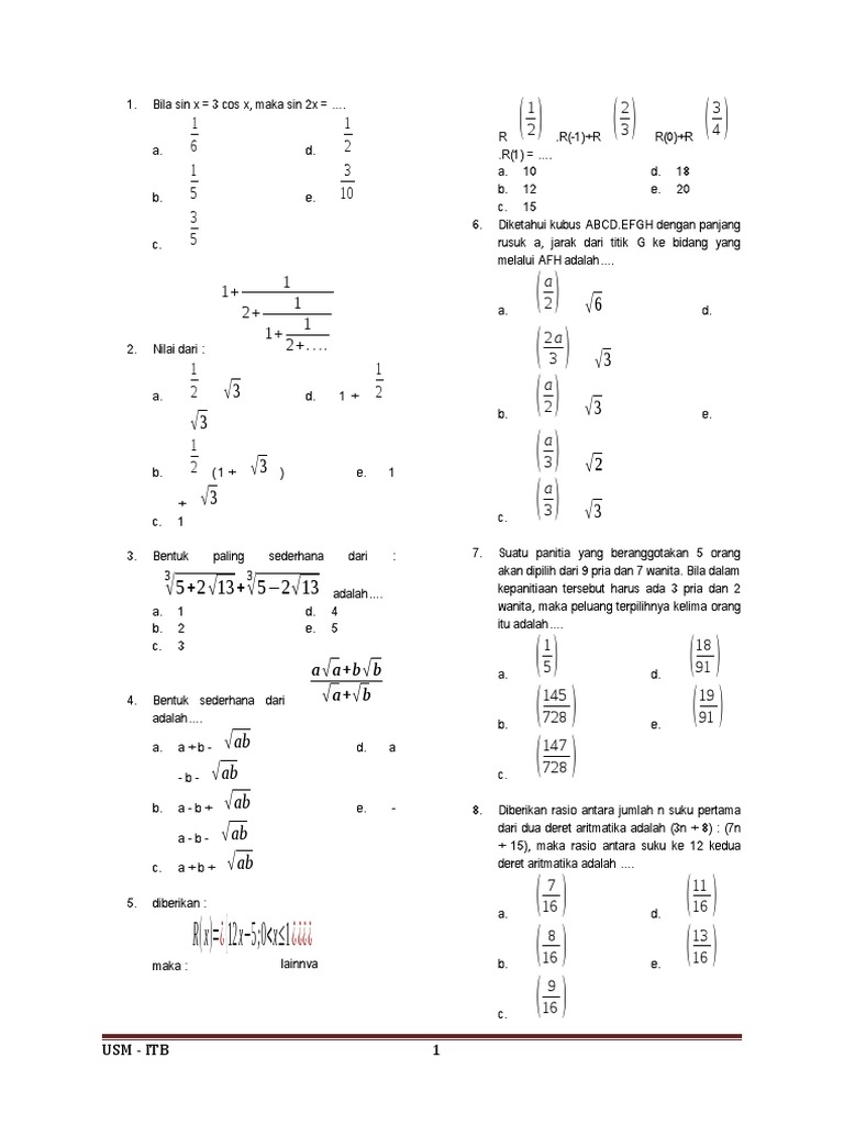 Soal Matematika USM ITB 2024 | PDF