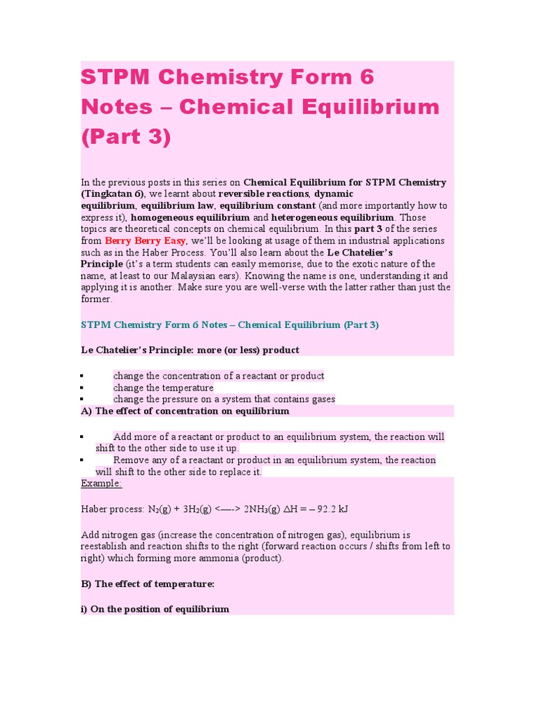 STPM Chemistry Form 6 Notes (Chemical Equilibrium) | PDF | Reaction ...