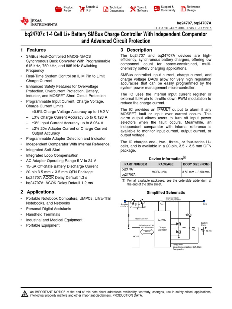 Bq24707X 1-4 Cell Li+ Battery Smbus Charge Controller With Independent ...