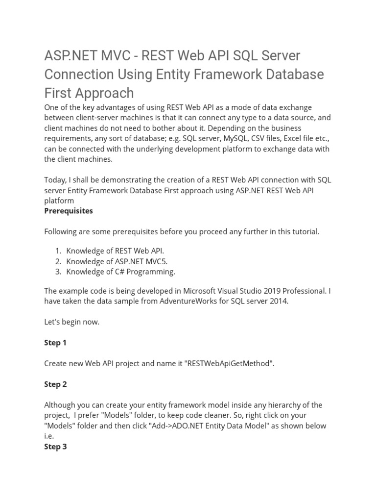 Mvc Rest Web Api Sql Server Connection Using Entity Framework Database First Approach Pdf 