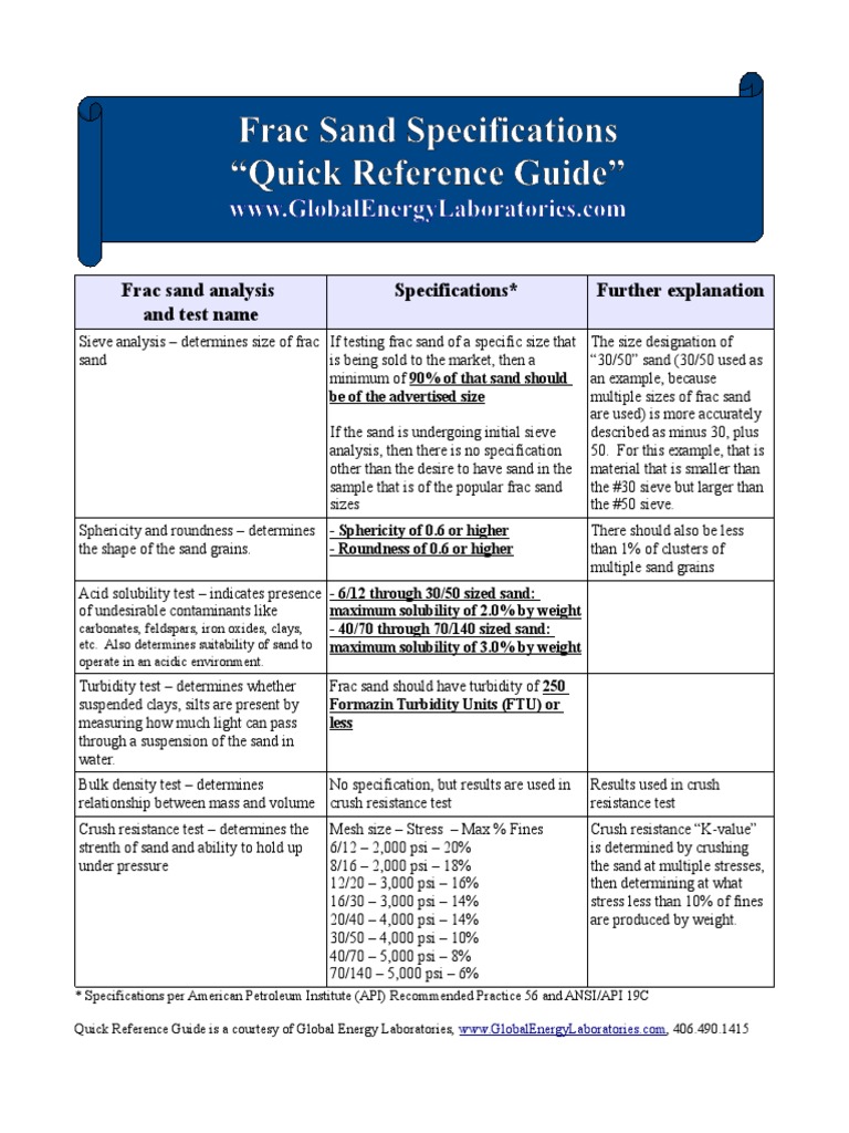 Frac Sand Specs Quick Reference Guide PDF | PDF | Sand | Chemistry
