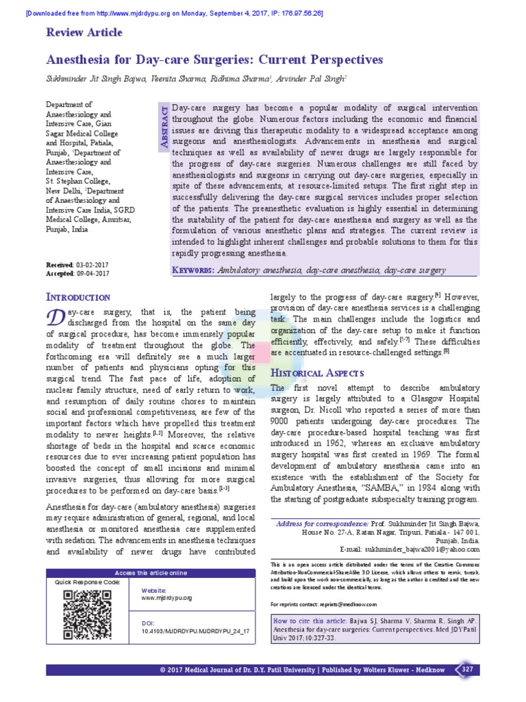Anesthesia For Day-Care Surgeries Current Perspect | PDF | Anesthesia ...
