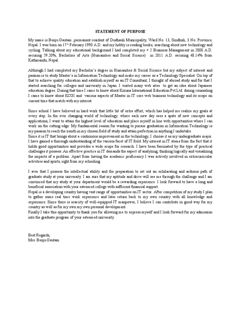 SOP Benju Gautam Acharya FINAL | PDF | Bachelor's Degree | Academic Degree