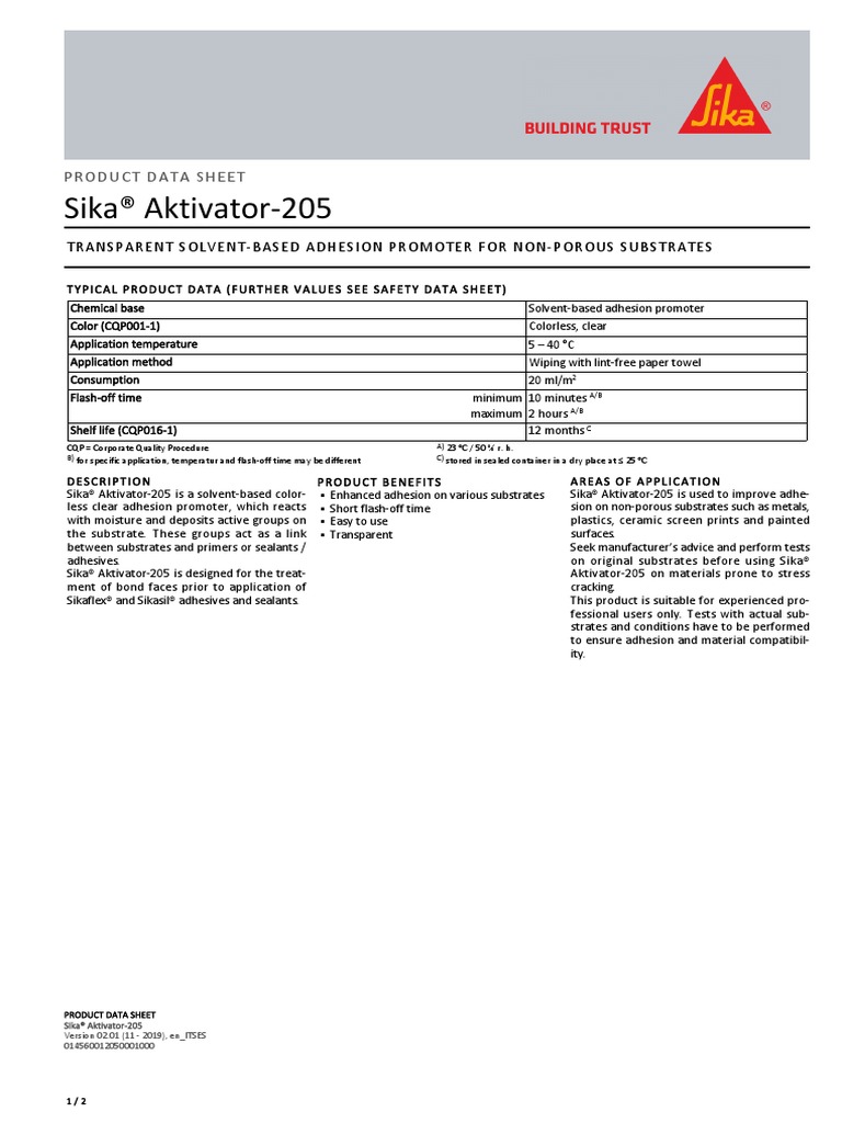Sika® Aktivator-205: Product Data Sheet | PDF | Adhesive | Materials