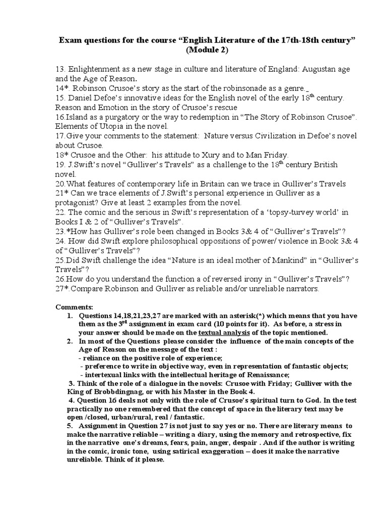 Exam Questions For The Course "English Literature of The 17th-18th ...