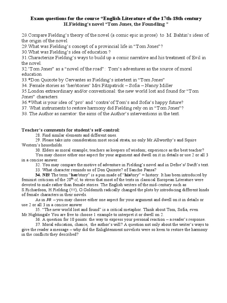 3exam Questions On Fielding | PDF | The History Of Tom Jones, A ...