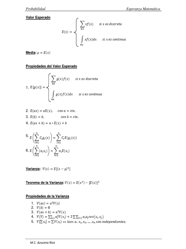 PROBABILIDAD Formulario Esperanza Matemática | PDF | Variable aleatoria ...