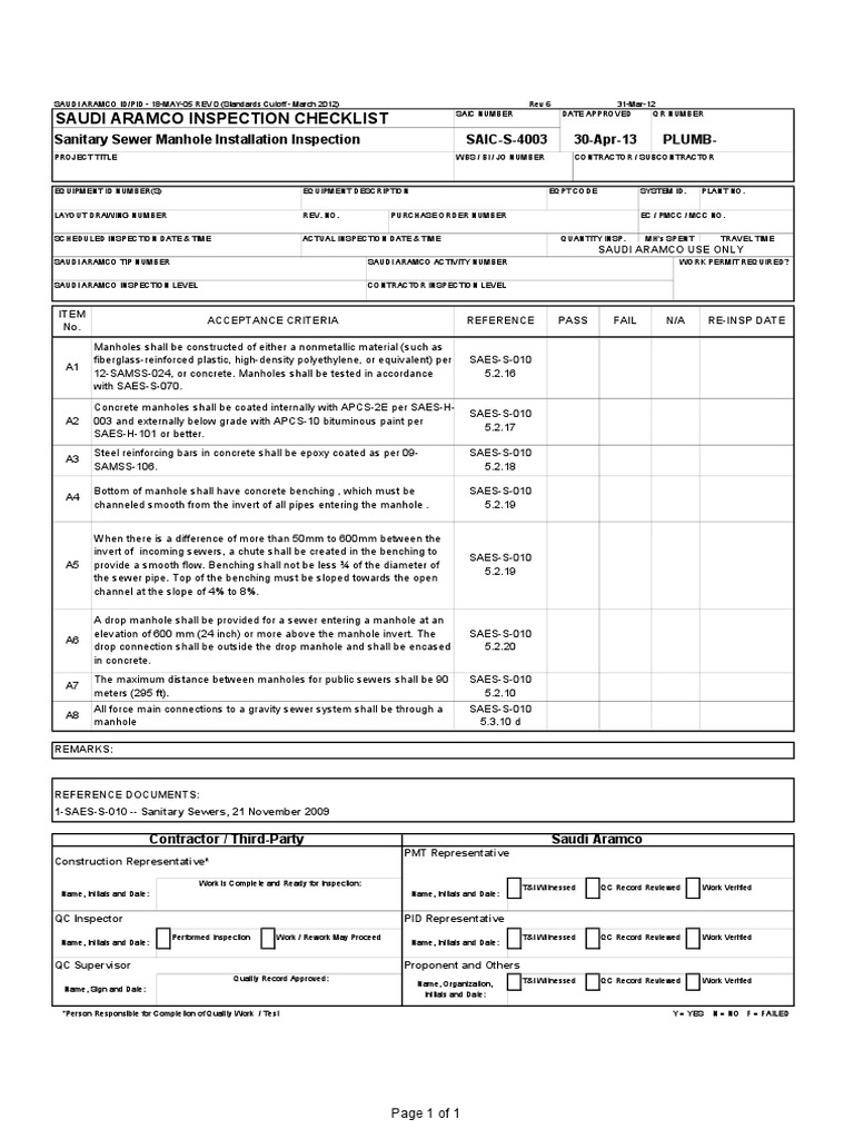 Saudi Aramco Sanitary Sewer Manhole Inspection Checklist | PDF ...