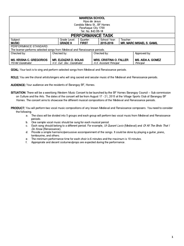 Performance Task: PEHM Coordinator H.S. Curr. Dev. Coordinator H.S ...