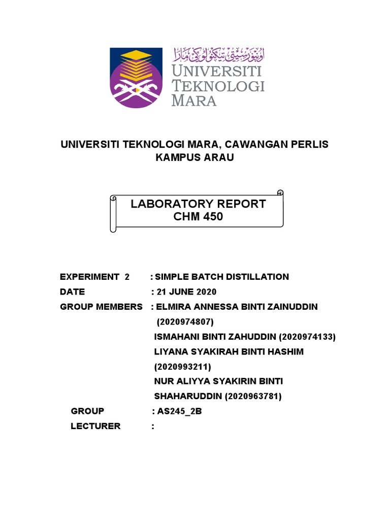 Laboratory Report CHM 450: Universiti Teknologi Mara, Cawangan Perlis Kampus Arau | PDF ...