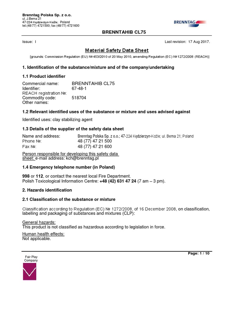 MSDS - Brenntahib CL75 MSDS | PDF | Dangerous Goods | Toxicity