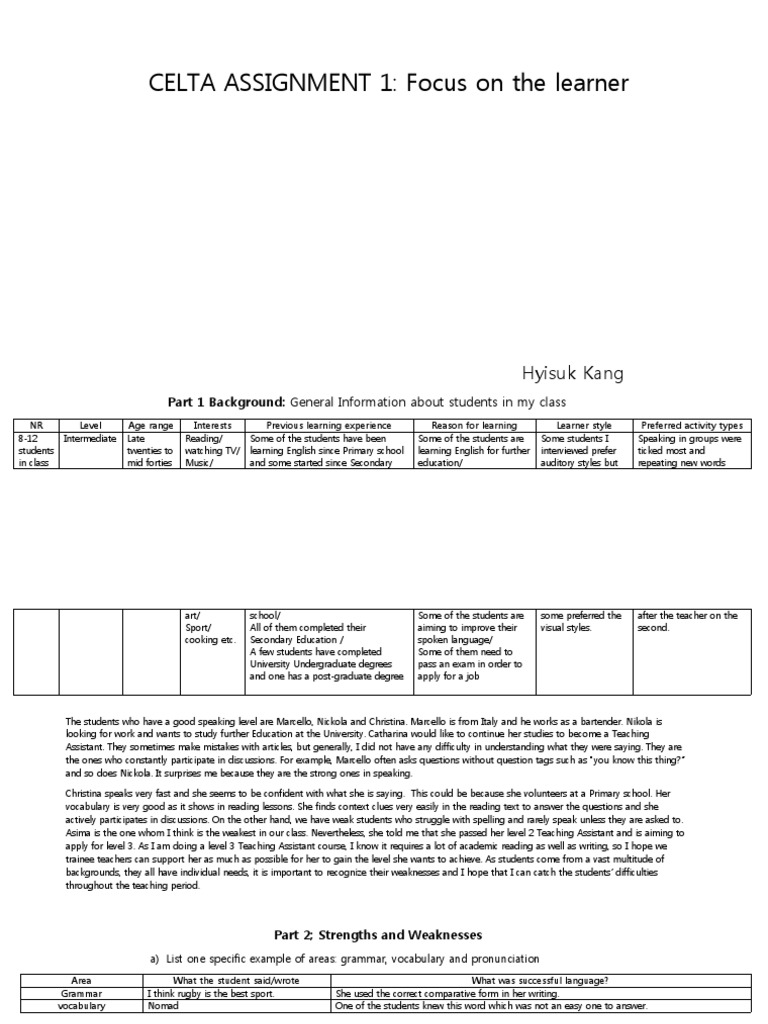 CELTA ASSIGNMENT 1: Focus On The Learner: Hyisuk Kang | PDF | Vocabulary | Human Communication