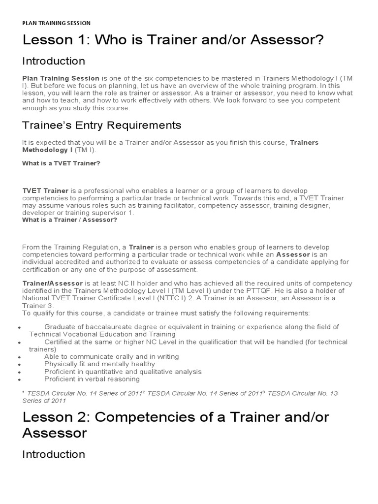 Lesson 1: Who Is Trainer And/or Assessor?: Plan Training Session | PDF ...