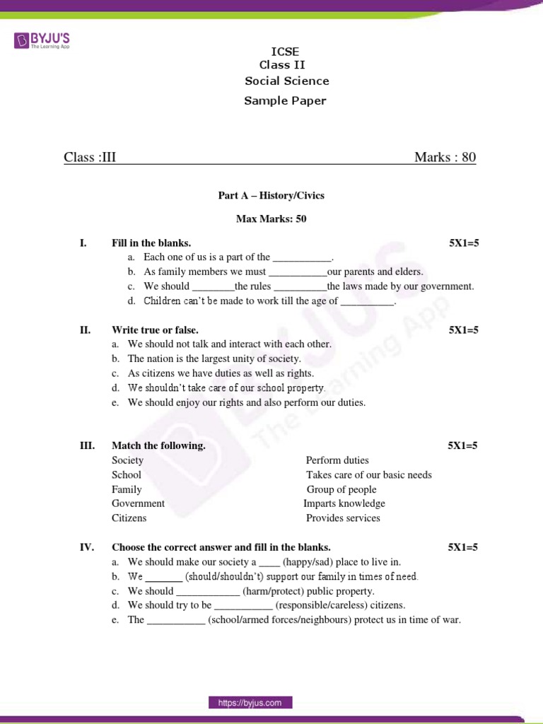 Class:III Marks: 80: Icse Class II, Social Science Sample Paper ...