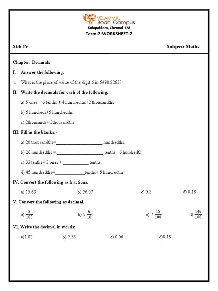 Term-2-WORKSHEET-2 STD: IV Subject: Maths: Chapter: Decimals I. Answer ...