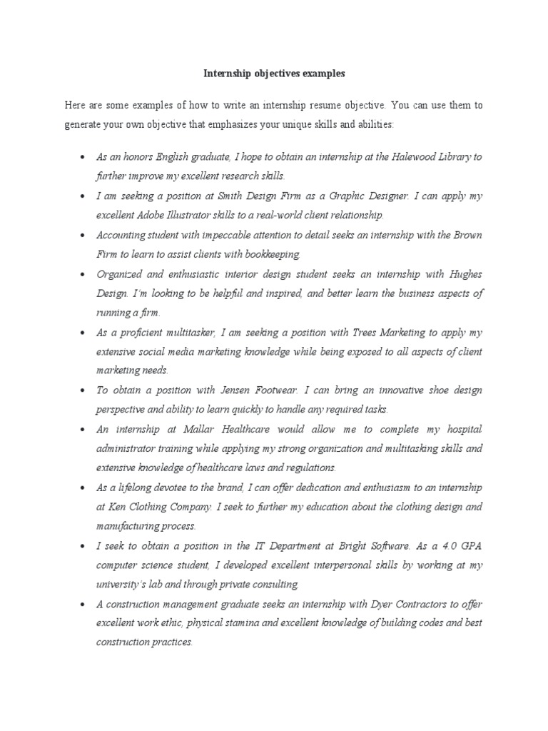 Internship Objectives Examples | PDF | Design | Consultant