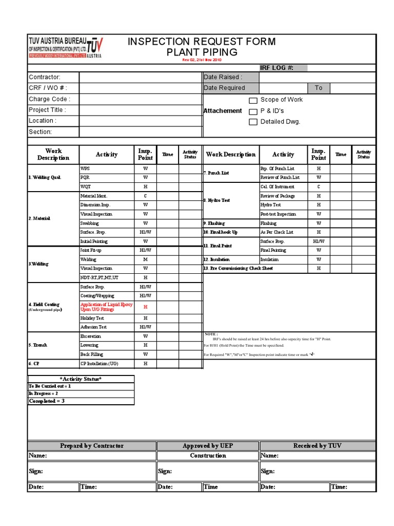 Inspection Request for Plant Piping | PDF | Business Process | Building ...