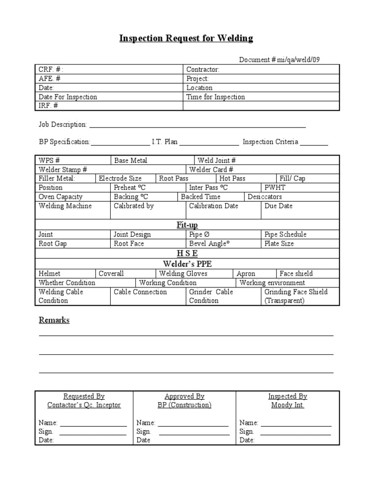 Inspection Request For Welding | PDF