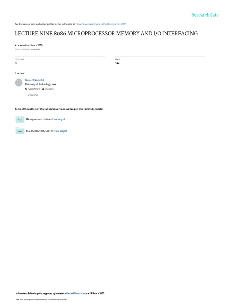 Lecture Nine 8086 Microprocessor Memory and I/O Interfacing: March 2020 | PDF | Input/Output ...