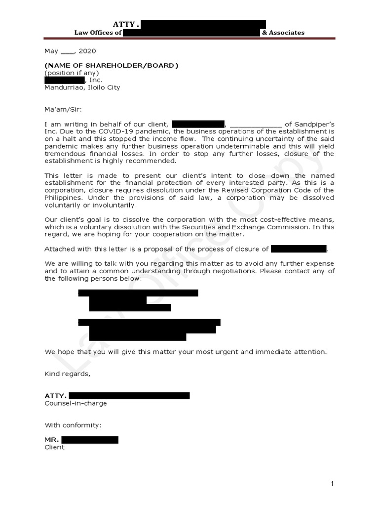 Letter of Intent To Dissolve PDF | PDF | Business | Law
