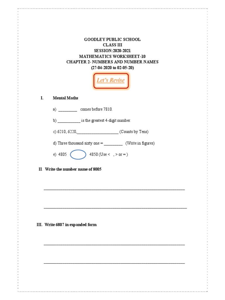 Class III Revision Worksheet 1 | PDF