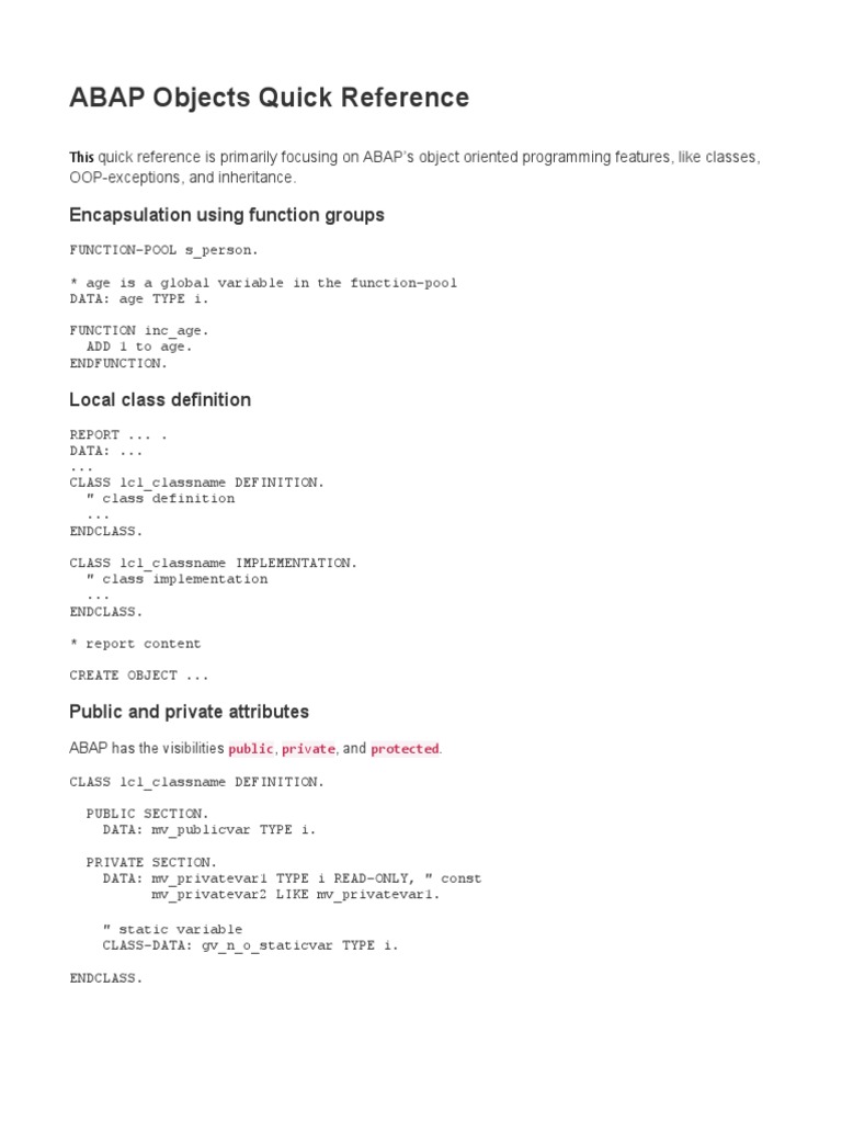 Abap Objects Quick Reference Encapsulation Using Function Groups Pdf Class Computer 7536