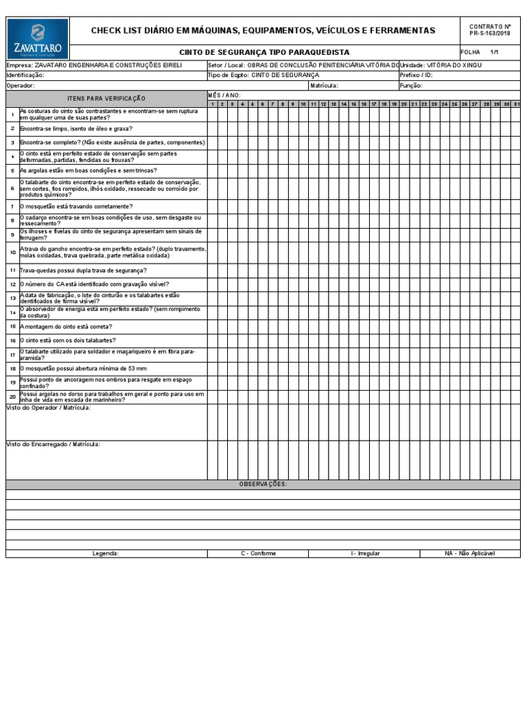CHECK LIST DIÁRIO - CINTO DE SEGURANÇA TIPO PARAQUEDISTA | Natureza