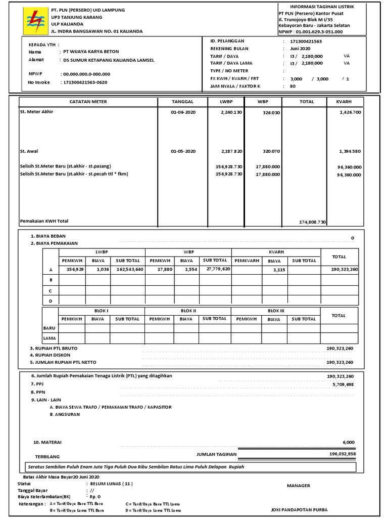 Invoice Tagihan Listrik PT WIJAYA KARYA BETON Juni 2020 PDF | PDF