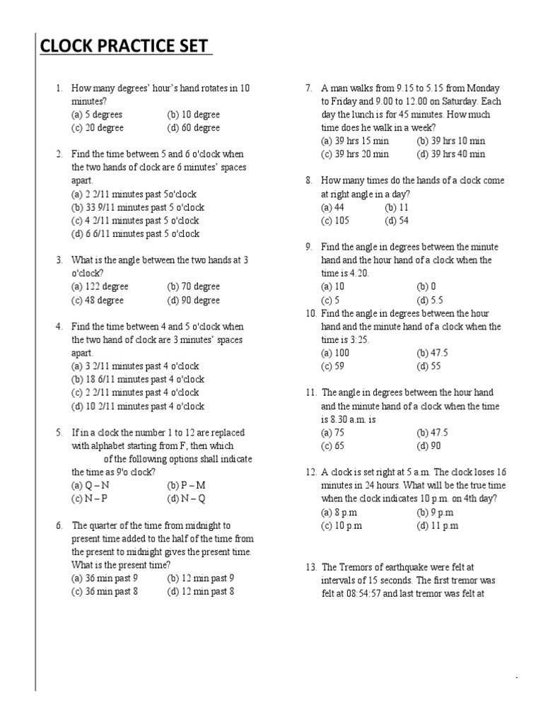 Clock Practice Set | PDF | Clock | Hour