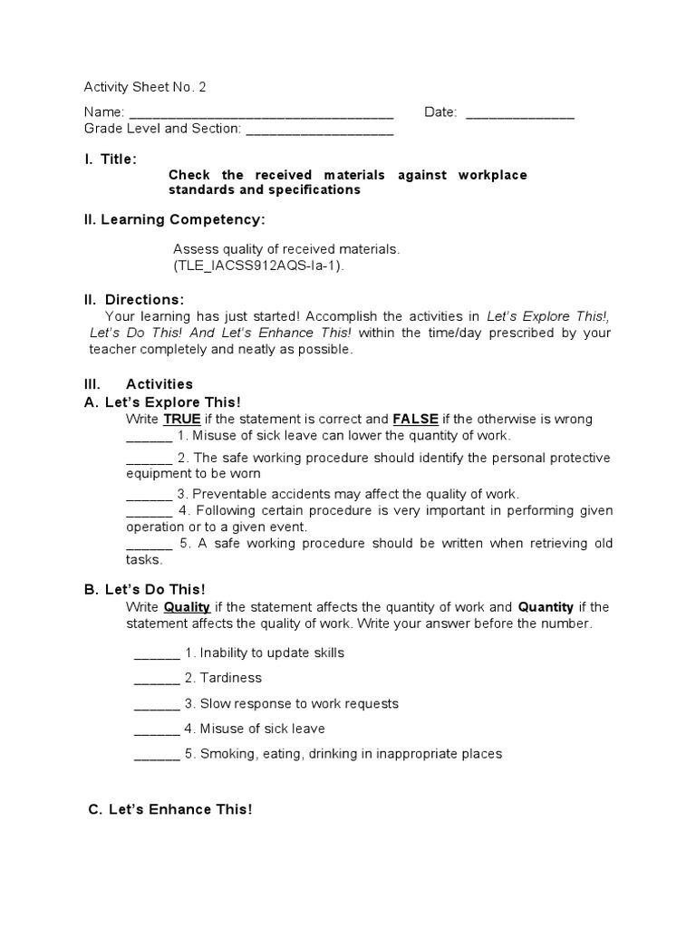 Assessing Workplace Quality Standards: An Activity Sheet on Ensuring ...