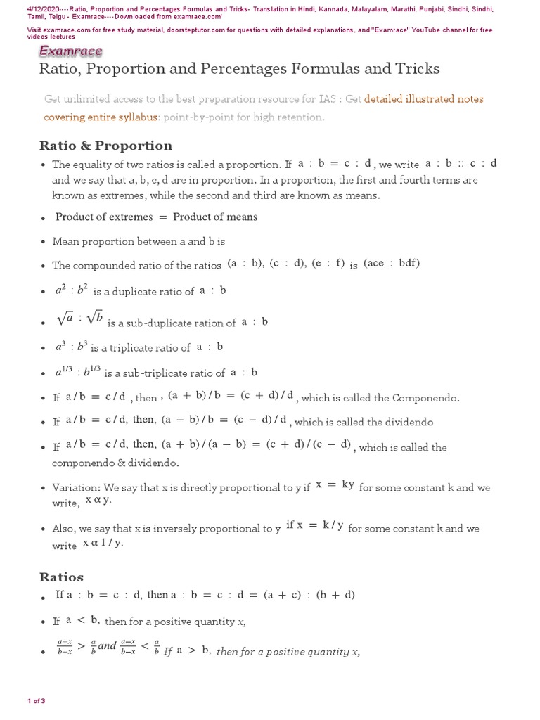 Ratio, Proportion and Percentages Formulas and Tricks | PDF | Ratio ...