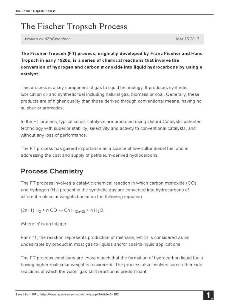 Fischer-Tropsch Process Overview | PDF | Chemical Energy Sources ...