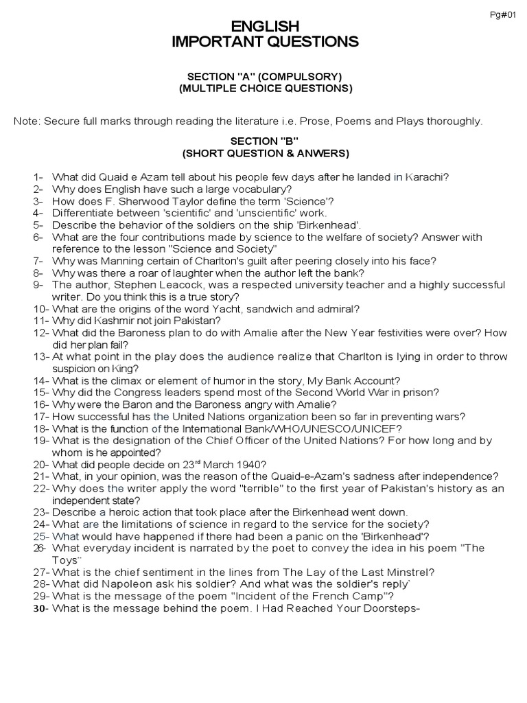 English Important Questions: Section "A" (Compulsory) (Multiple Choice ...