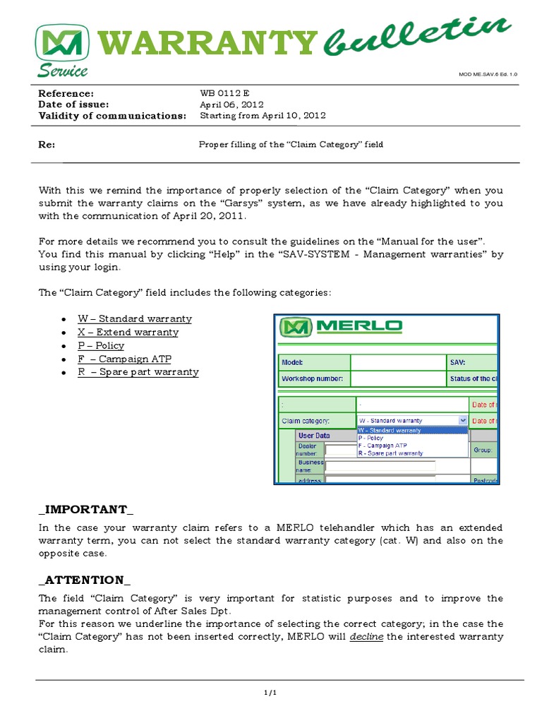 Warranty: Reference: Date of Issue: Validity of Communications: Re | PDF