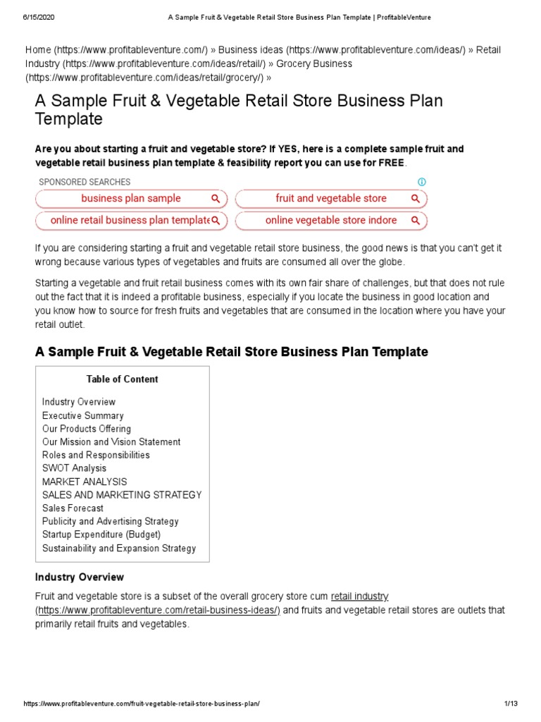 A Sample Fruit & Vegetable Retail Store Business Plan Template ...