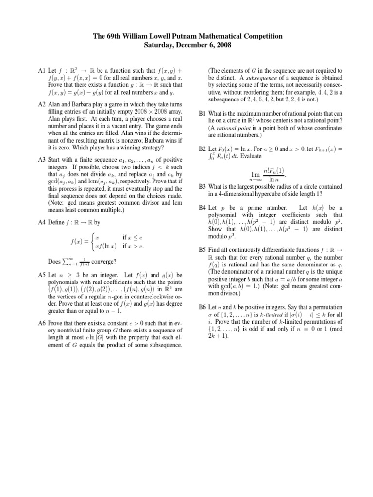 The 69th William Lowell Putnam Mathematical Competition Saturday ...