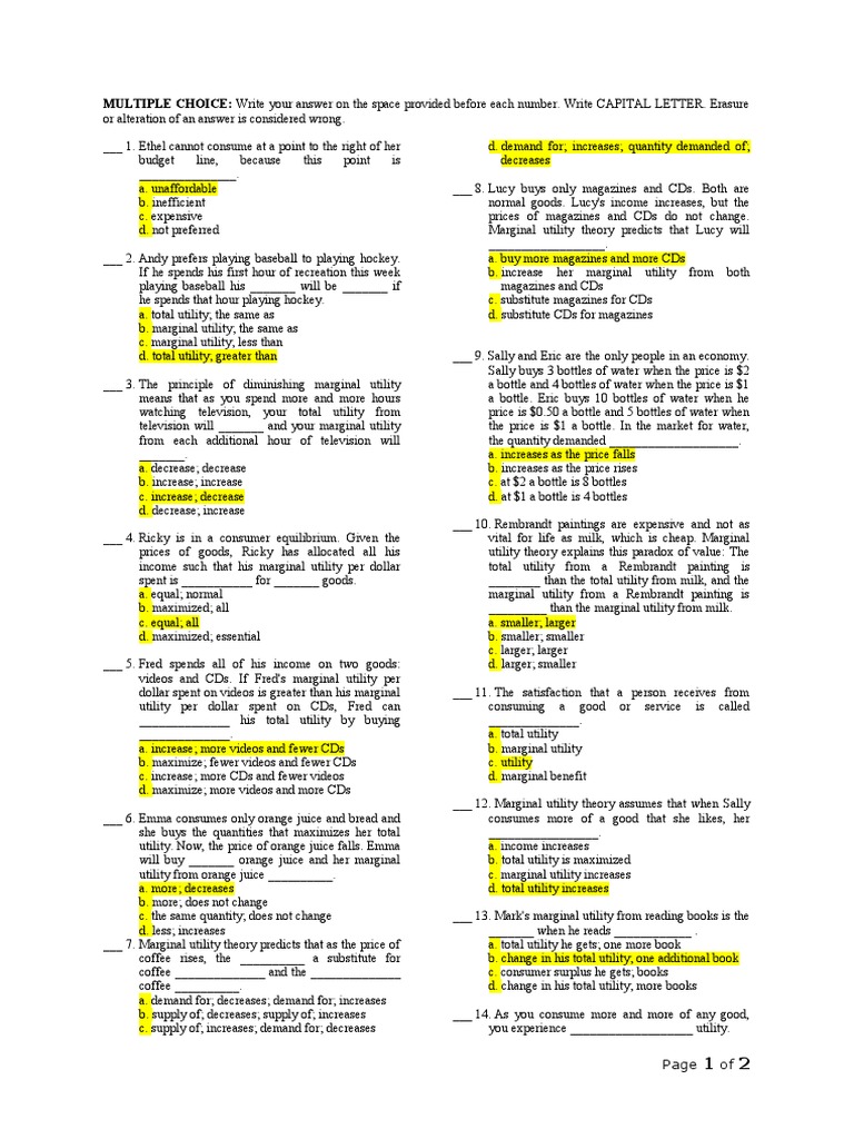 MULTIPLE CHOICE: Write Your Answer On The Space Provided Before Each Number. Write CAPITAL ...