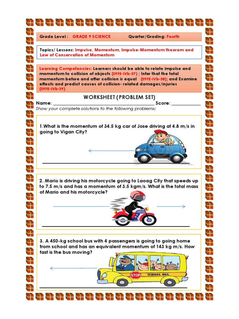 Revised Worsheet - Grade 9 Science (Physics) PDF | PDF | Momentum ...