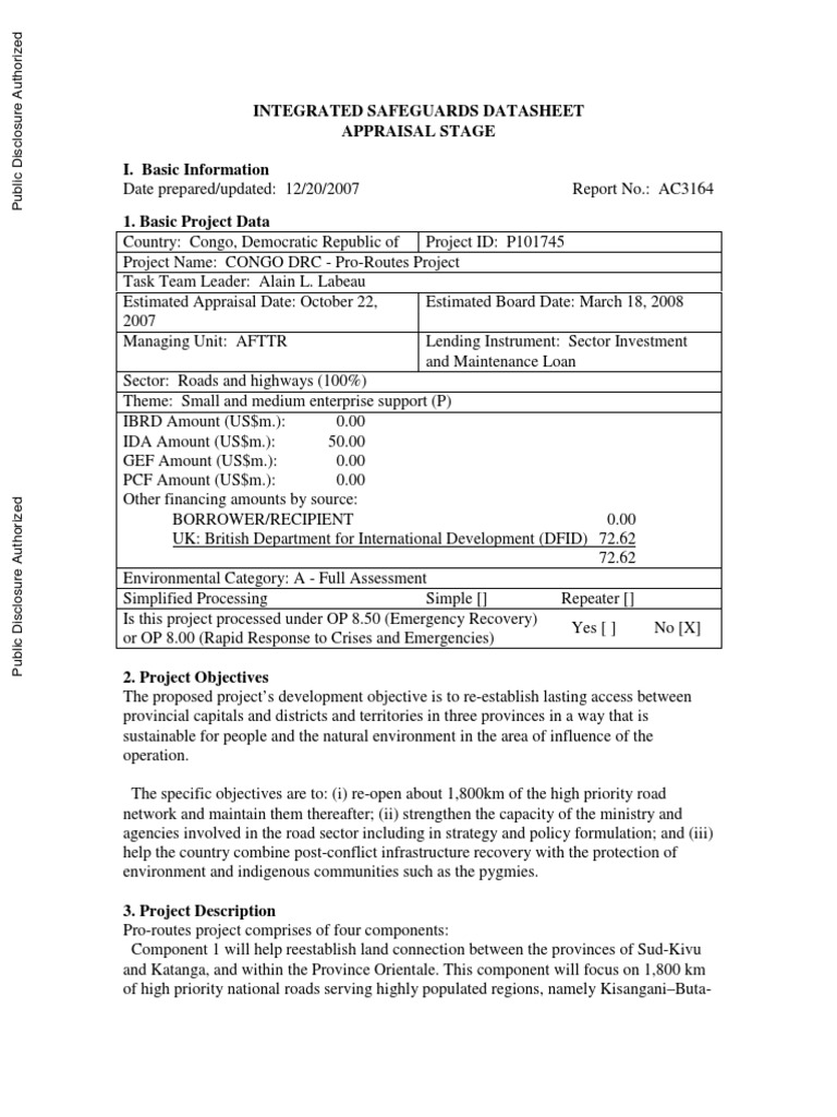 Integrated Safeguards Datasheet Appraisal Stage I. Basic Information ...