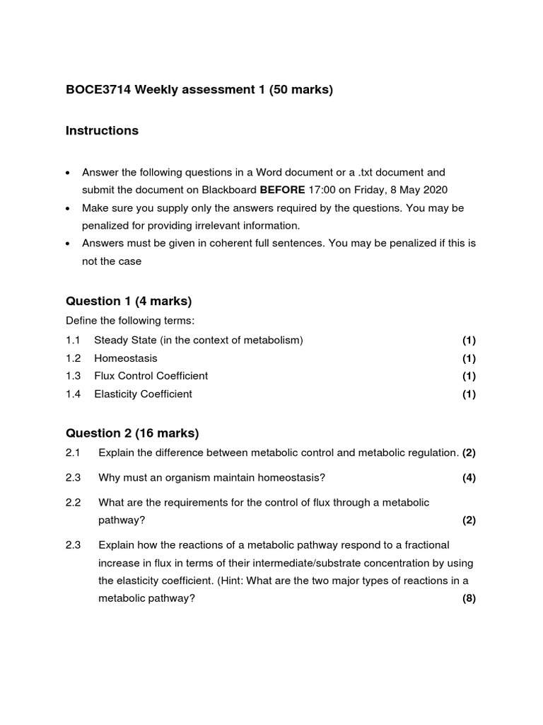 Boce3714 Weekly Assessment 1 | PDF | Metabolic Pathway | Metabolism