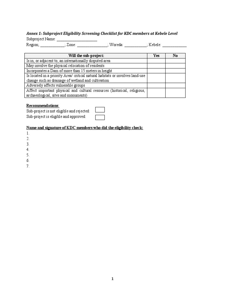 Annex 1: Subproject Eligibility Screening Checklist For KDC Members at ...