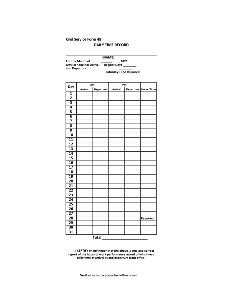 Civil Service Form 48 Daily Time Record: (NAME) F | PDF