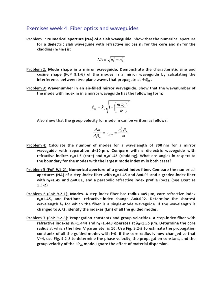 Exercises Week 4: Fiber Optics and Waveguides: N N NA | PDF | Waveguide | Optical Fiber
