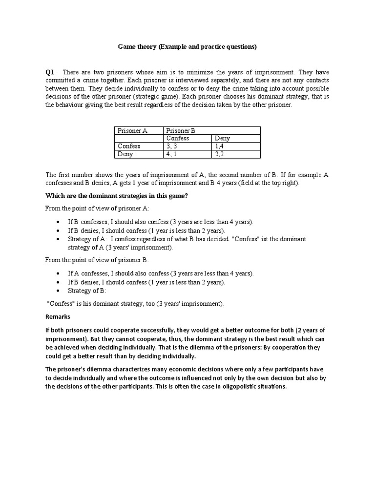Game Theory Example and Questions | PDF | Self-Improvement