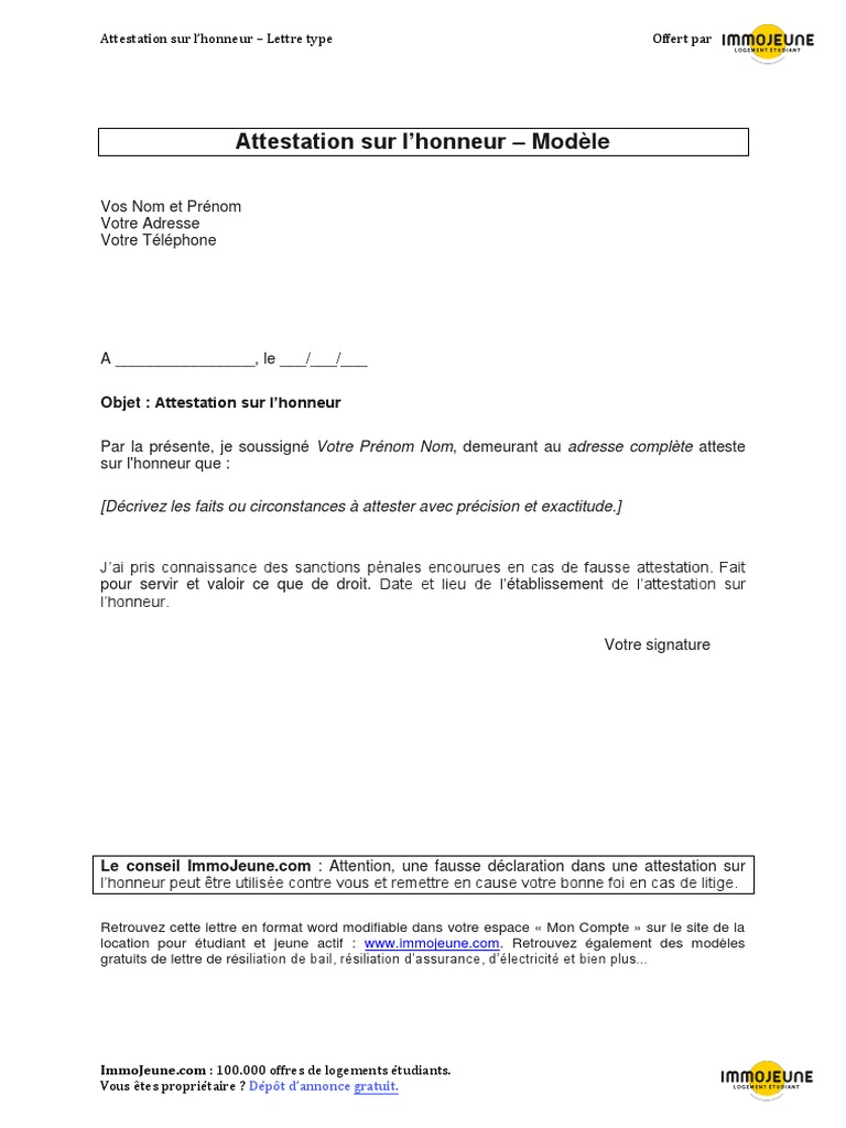 Attestation Sur L Honneur COMMENT RÉDIGER YouTube