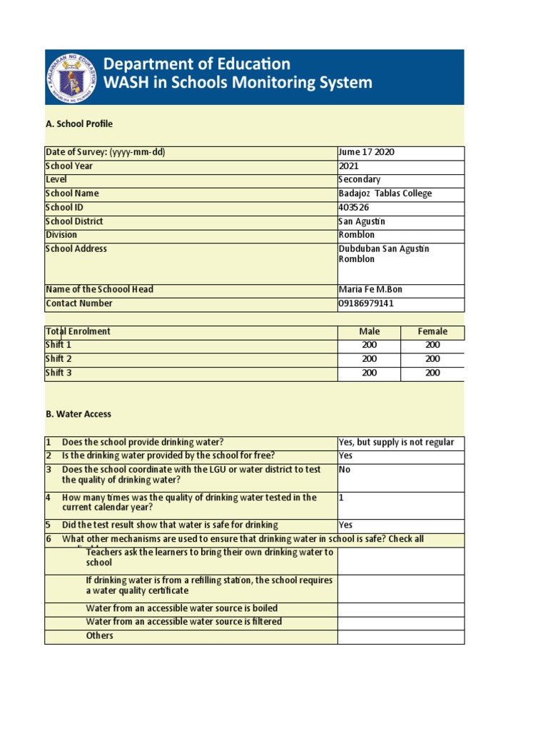 SCHOOL WinS Monitoring System Blank V.2018.02.21 | PDF | Wash | Sanitation