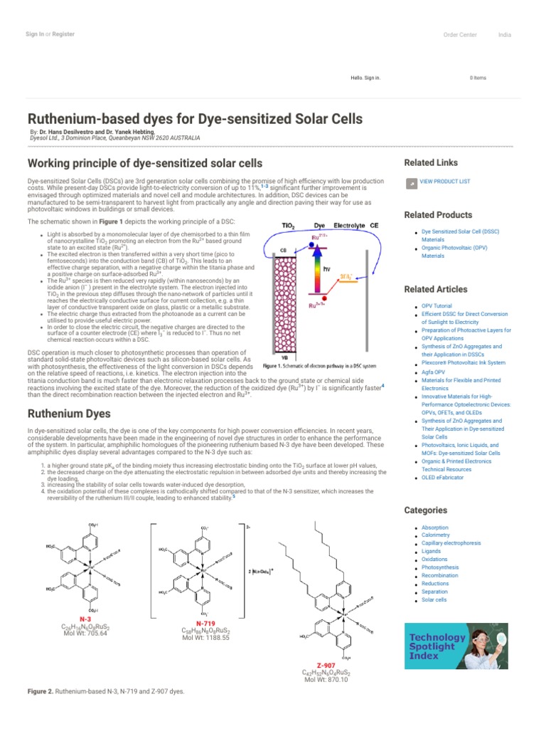 Ruthenium-Based Dyes For Dye-Sensitized Solar Cells - Sigma-Aldrich ...