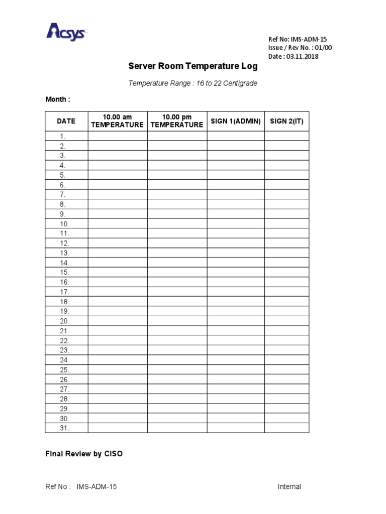 Server Room Temperature Log Standards | PDF