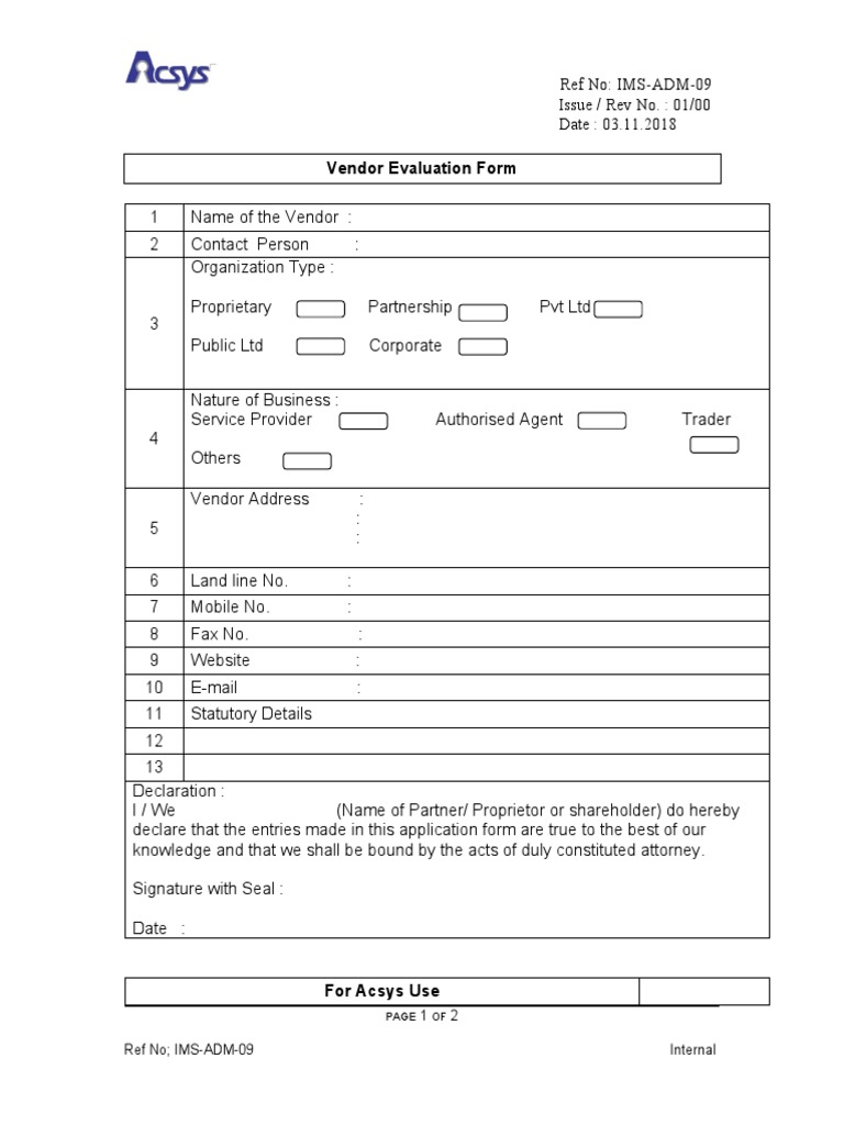 IMS-ADM-09 Vendor Evaluation Form | PDF | Companies | Business Law